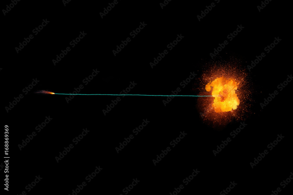 Burning fuse with realistic fiery explosion at the end, orange color ...