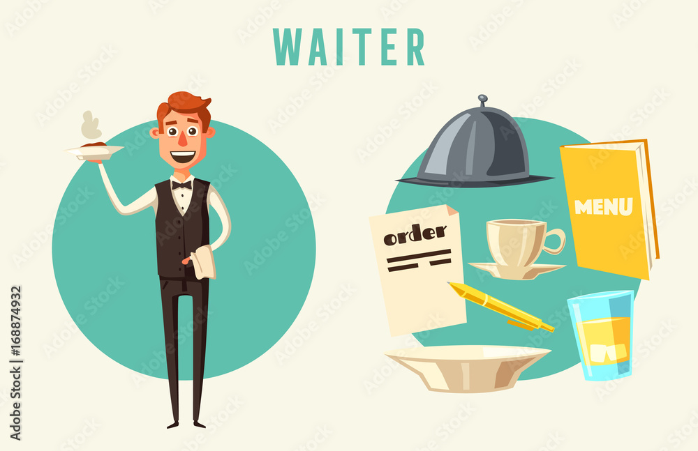 Funny waiter, cute character. Vector cartoon illustration Stock Vector ...