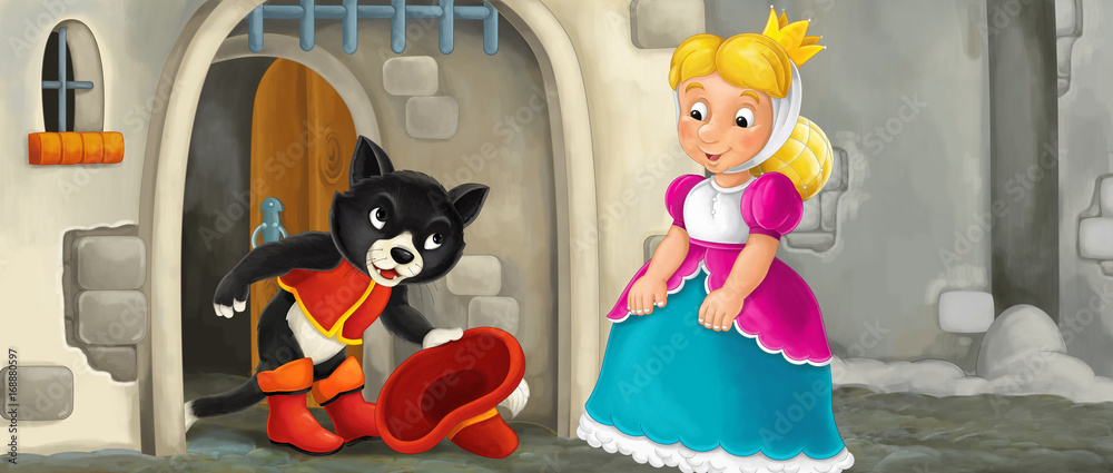 cartoon scene with cat welcoming princess in front of castle gate ...