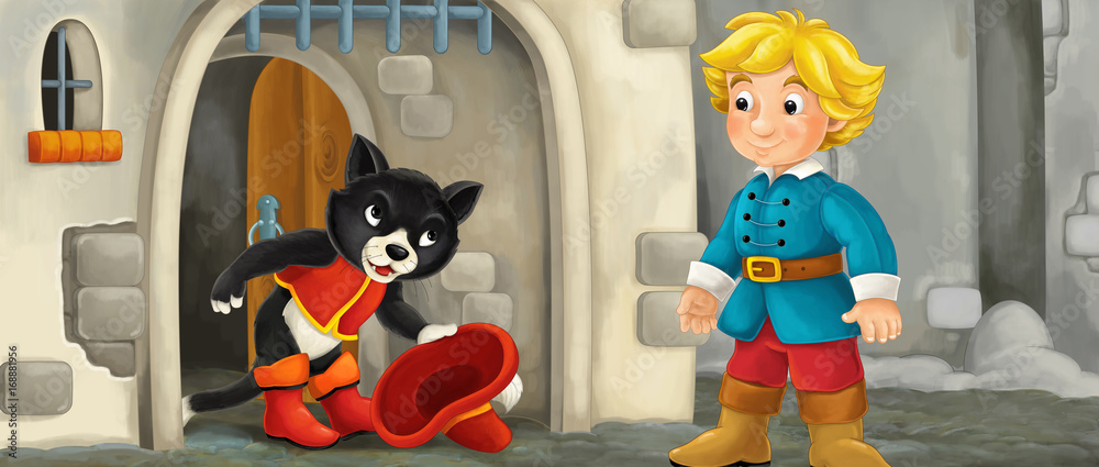 cartoon scene with cat welcoming prince or king in front of castle gate ...