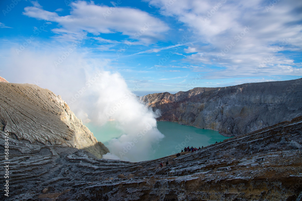Sulphatic lake in crater of volcano Kawah Ijen panoramic popular ...