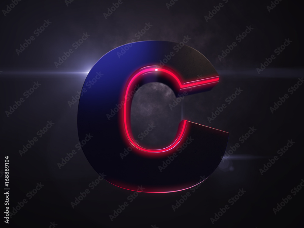 Letter C black extruded symbol with red light outline glowing in the ...