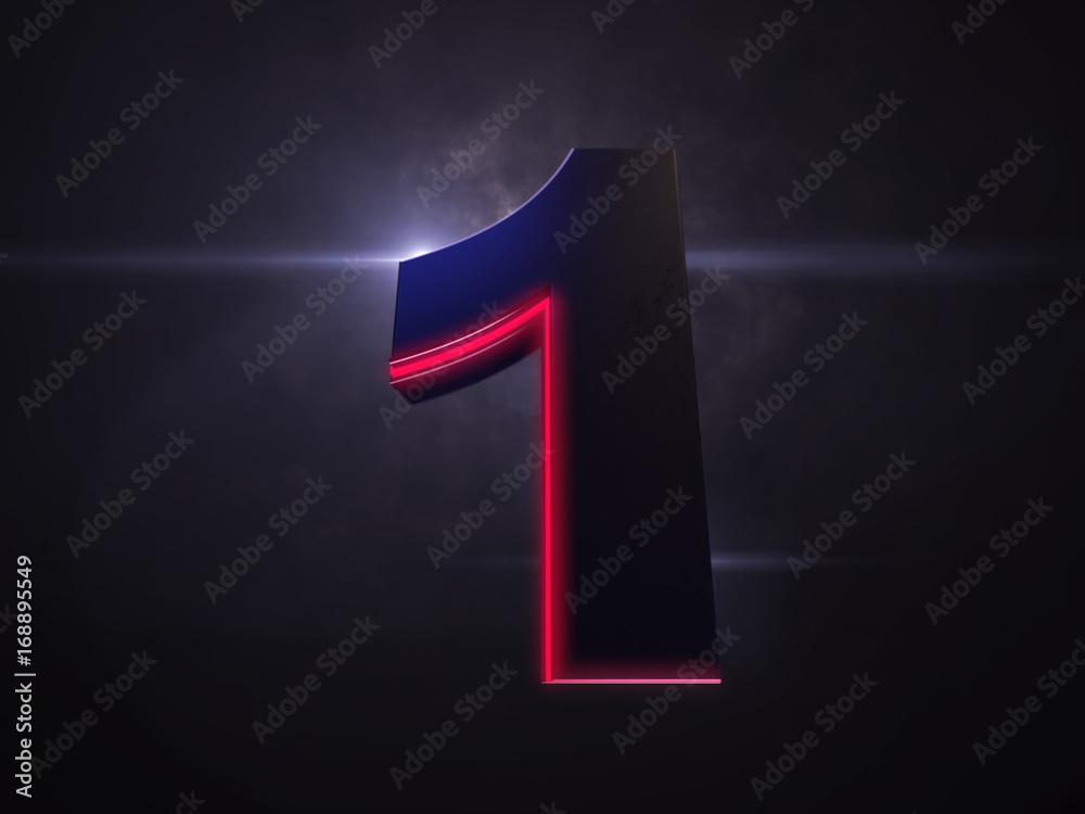1 black extruded number with red light outline glowing in the dark and ...
