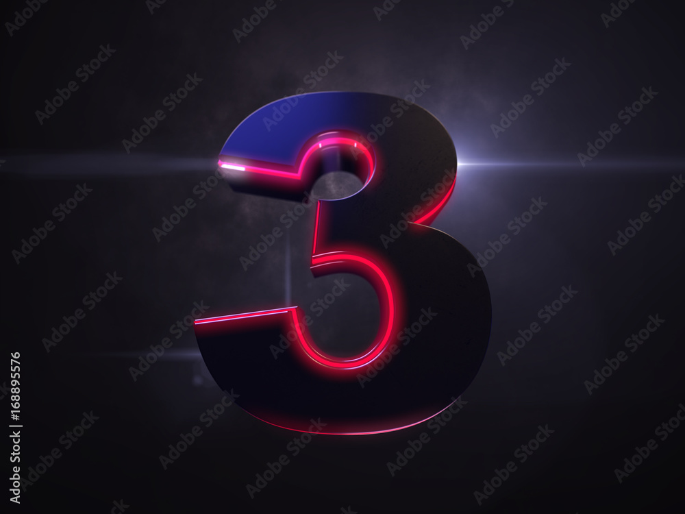 3 black extruded number with red light outline glowing in the dark and ...