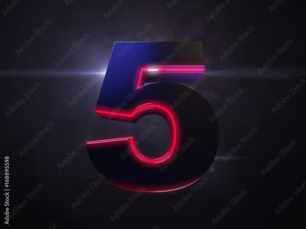 5 black extruded number with red light outline glowing in the dark and ...