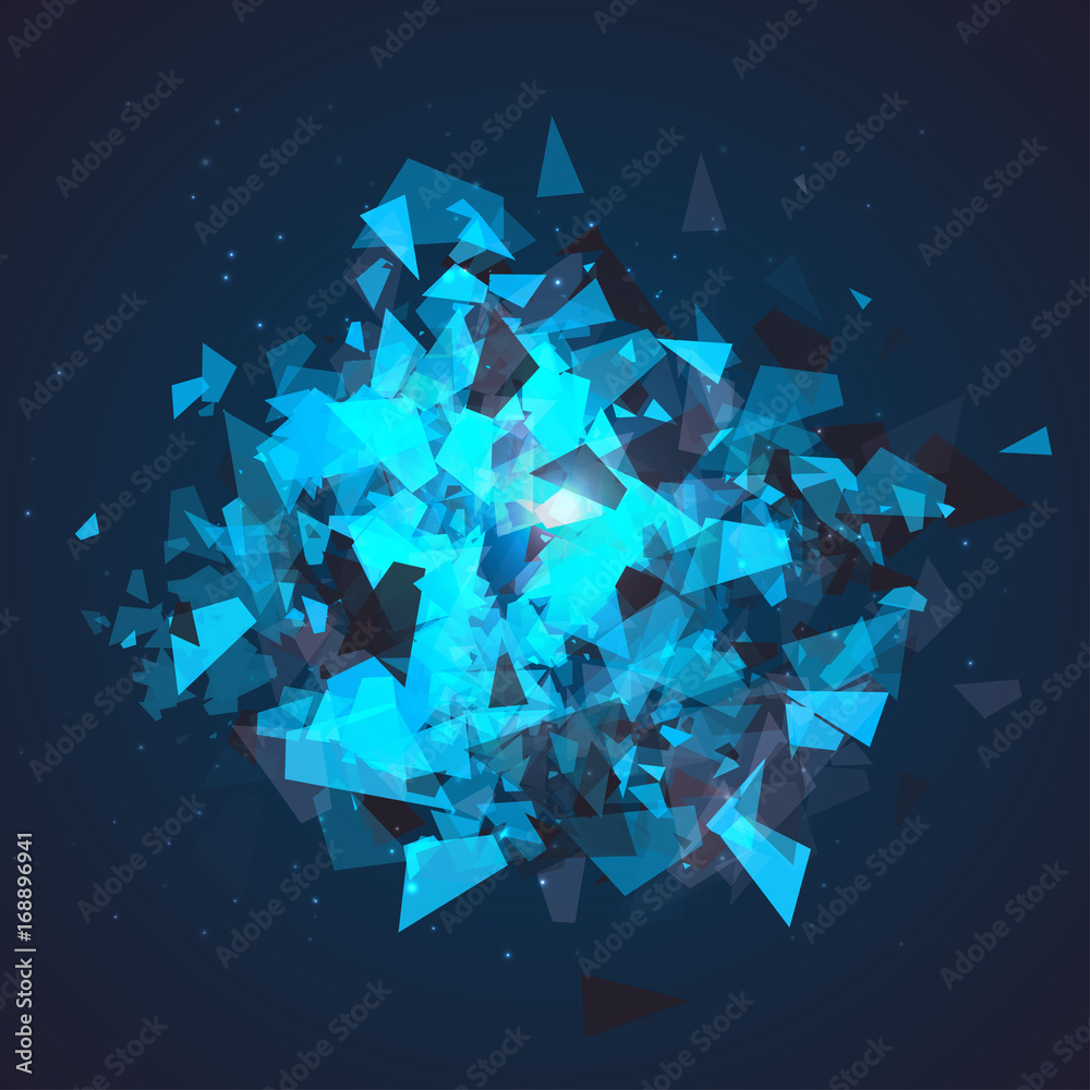 Abstract triangles particles with transparent shadows. Explosion cloud ...