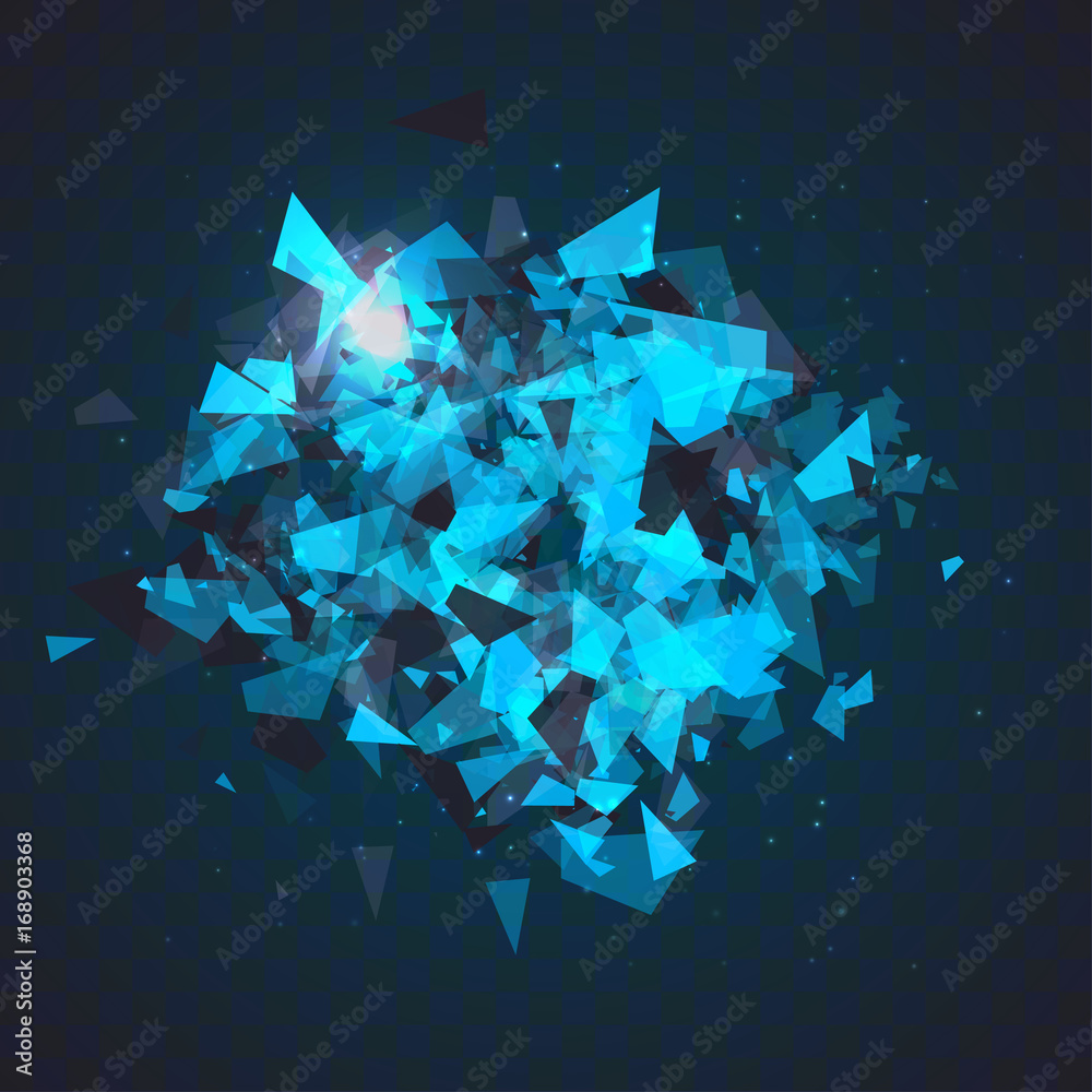 Abstract triangles particles with transparent shadows. Explosion cloud ...