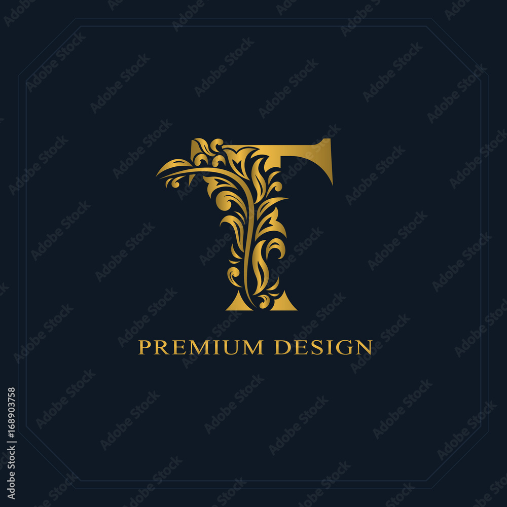 Gold Elegant letter T. Graceful style. Calligraphic beautiful logo ...