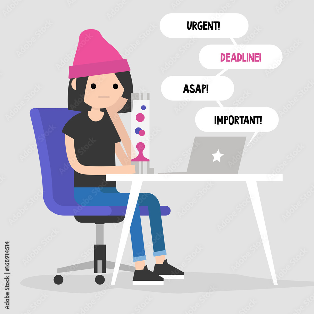 Procrastination concept. Young female character staring at the lava ...