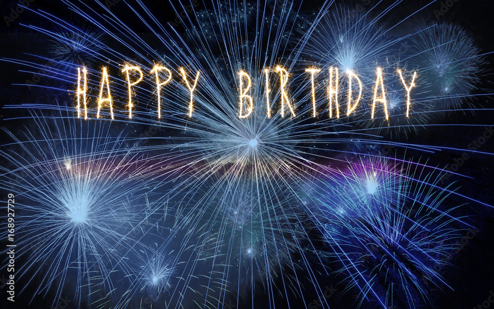 Happy birthday fireworks greeting with space for text. Gold sparks ...