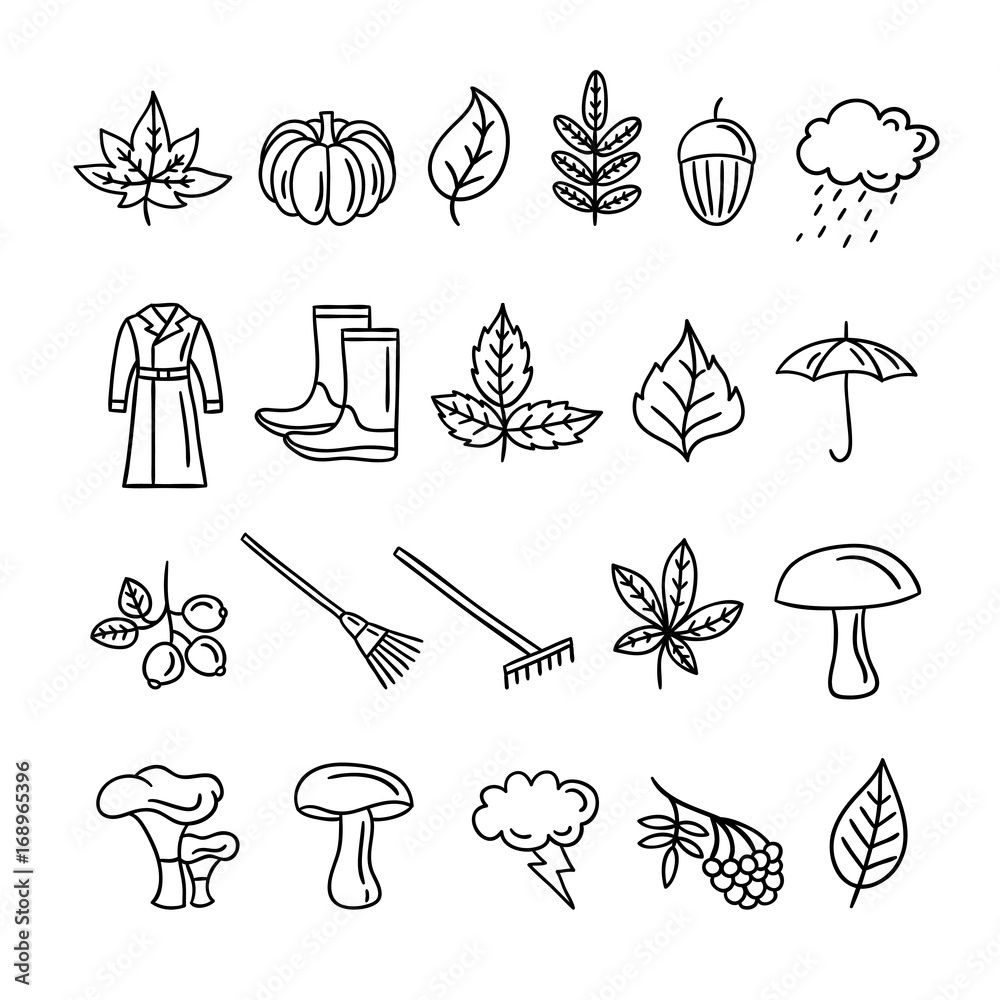 Outline cute autumn symbols vector set. Fall illustrations and objects ...