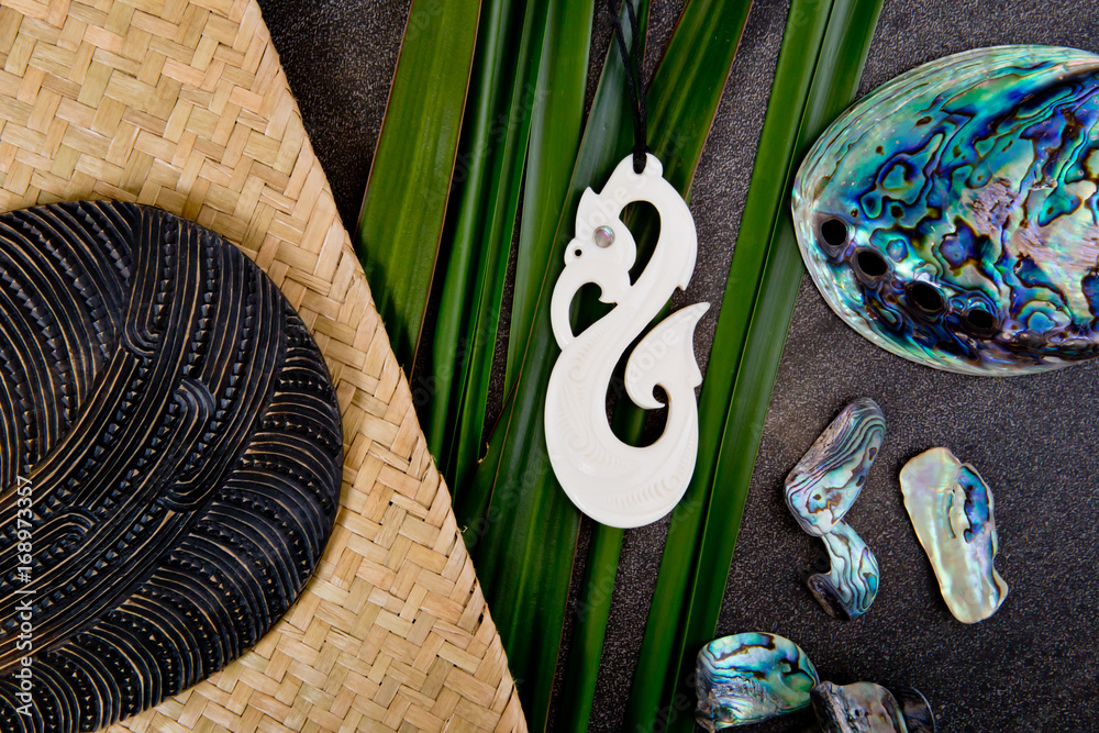 New Zealand - Maori themed objects - carved bone pendant with shells on ...