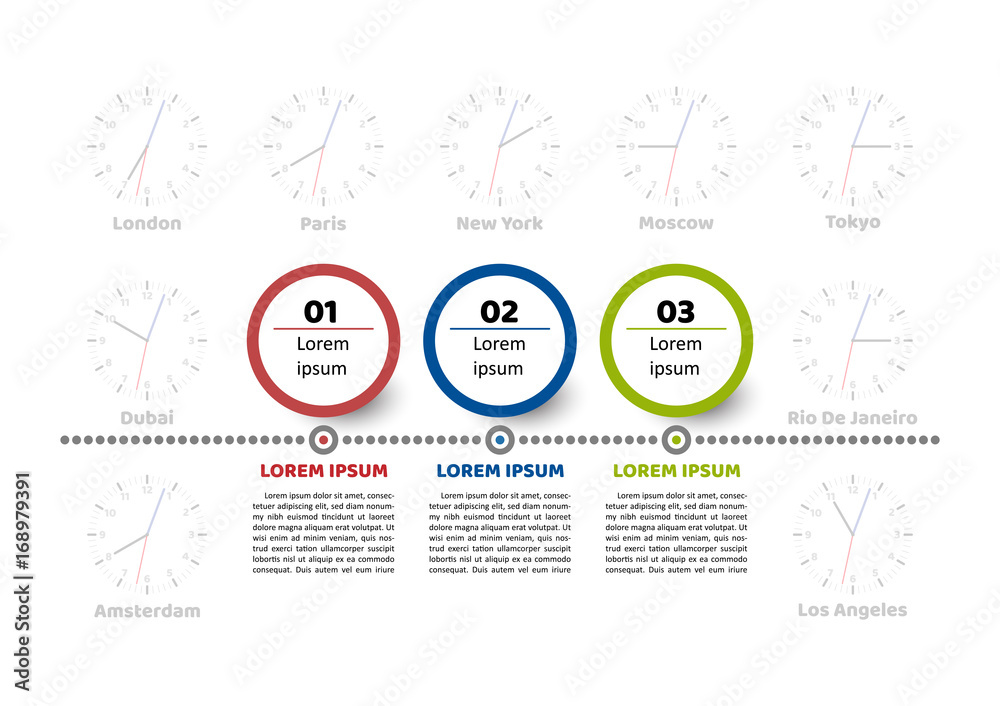 Timeline infographic template 3 steps. Circle element options with ...