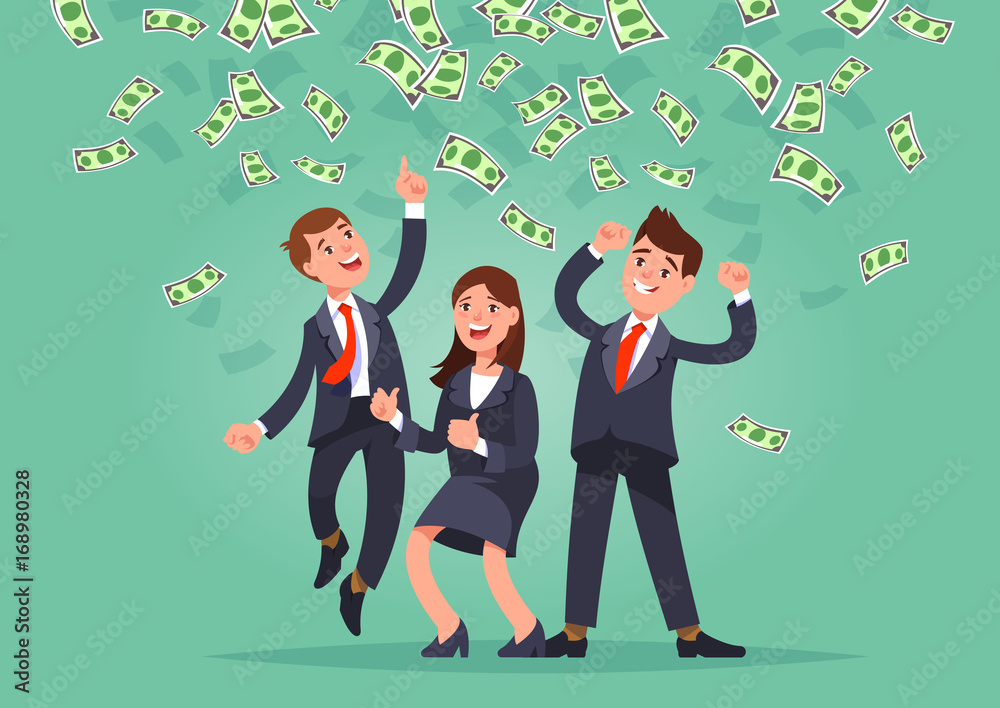 Vector illustration of happy business team celebrates success standing ...