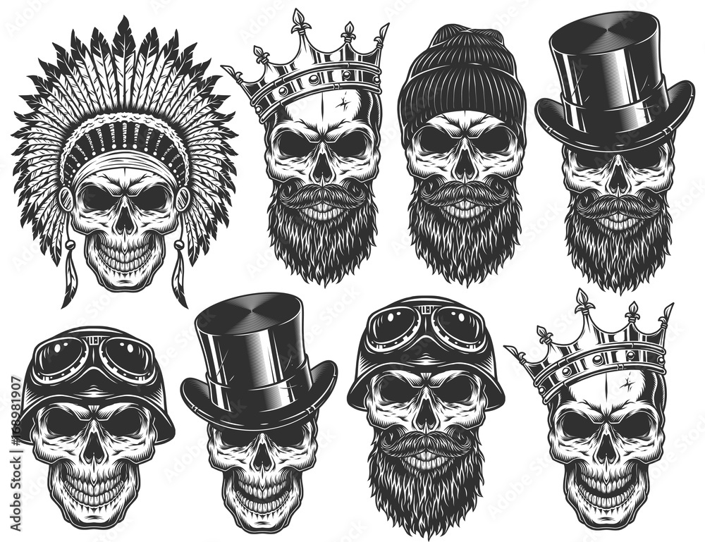 Set of different skull characters with different hats and accessories ...