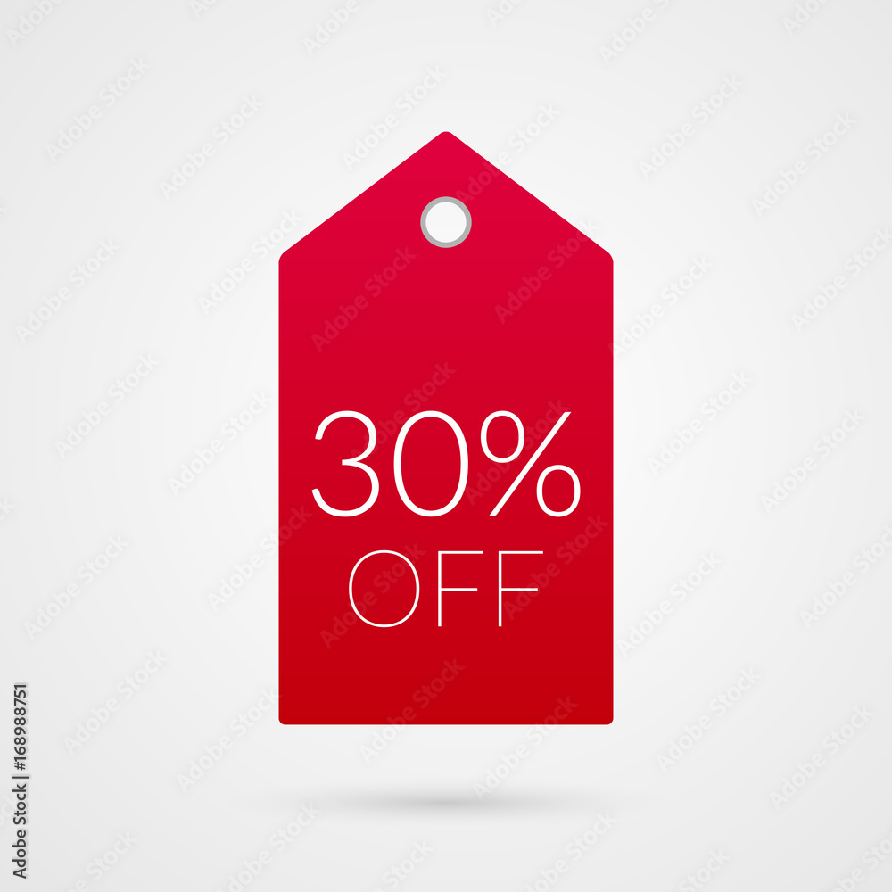 30 percent off shopping tag vector icon. Red and white isolated ...
