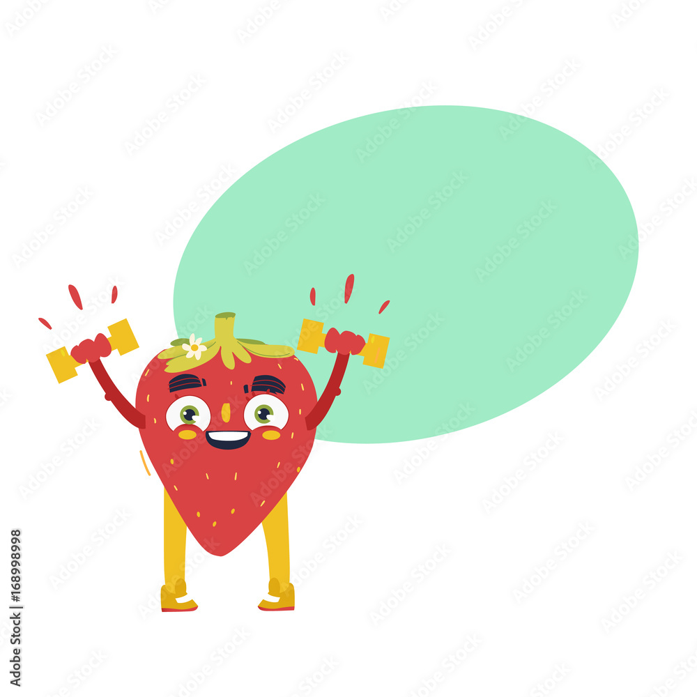 Funny strawberry character working out in gym, lifting dumbbells, comic ...
