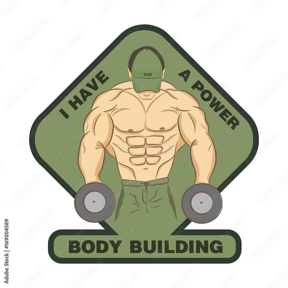 Muscular bodybuilder with dumbbells. Strong man. Bodybuilding logo ...
