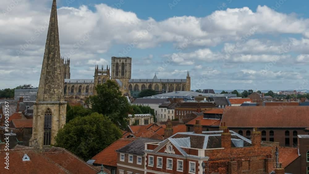 Aerial establishing shot of the medieval city of York and countryside ...