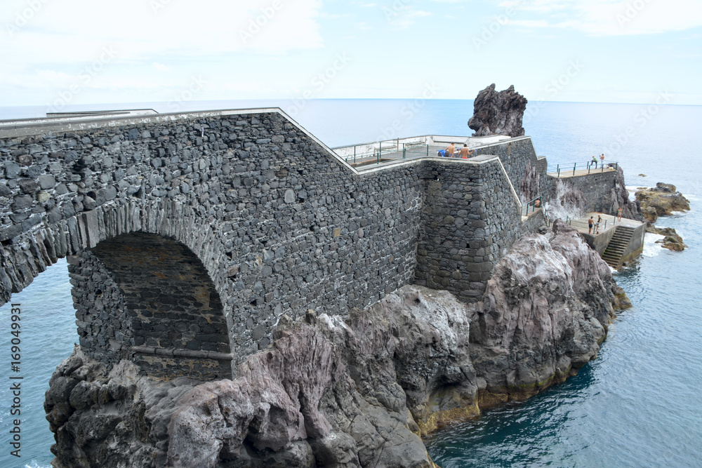 Ribeira Brava, bridge built over the sea. to the horizon the Atlantic ...