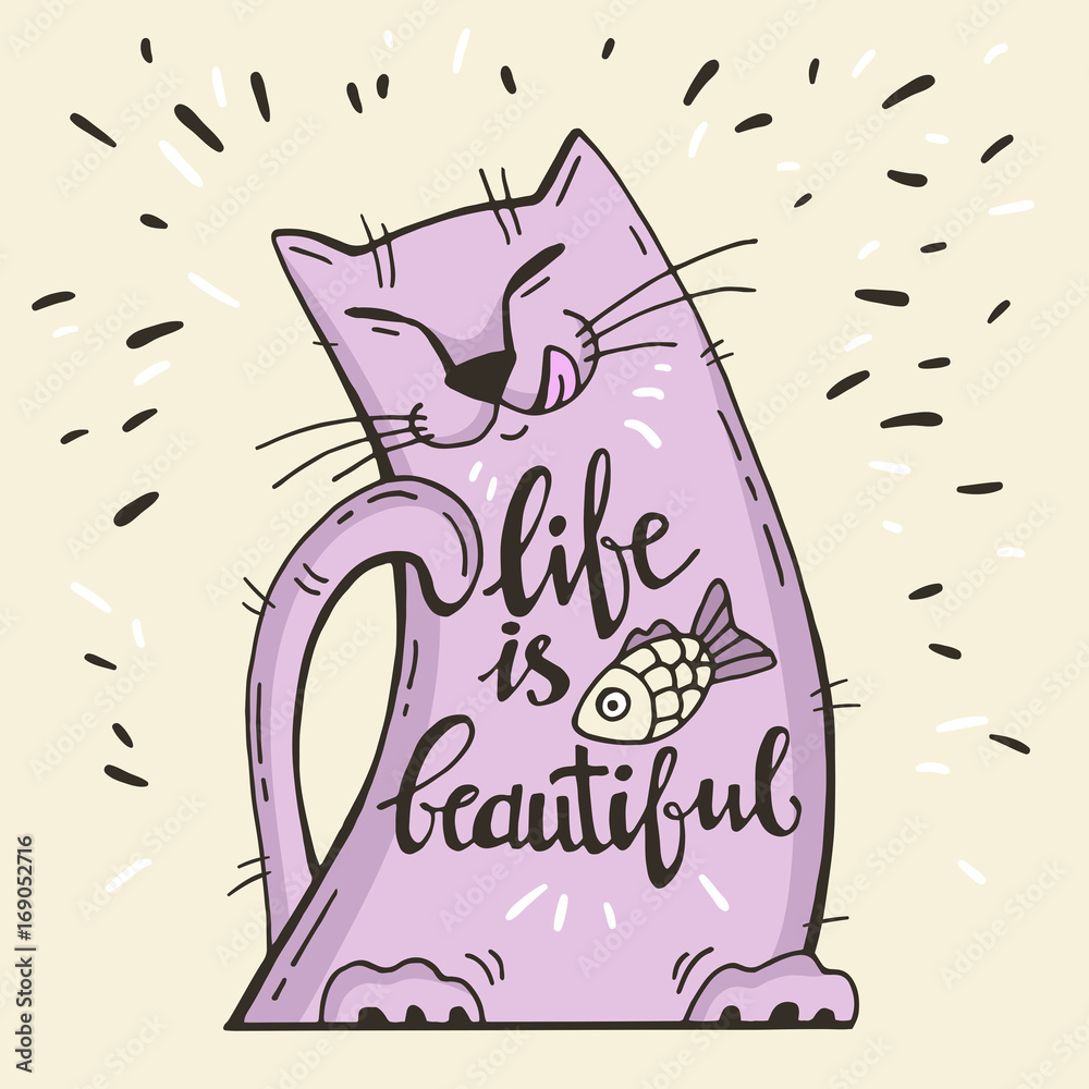 Vector illustration. Positive card with cartoon cat with fish ...