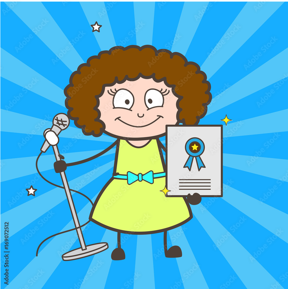 Cartoon Female Pop-Singer Showing Award Certificate Vector Stock Vector ...