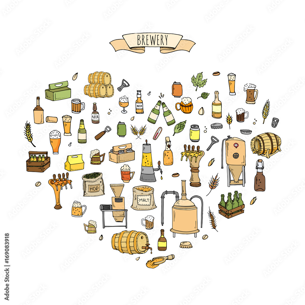 Hand drawn doodle set of Brewery icons. Vector illustration set ...