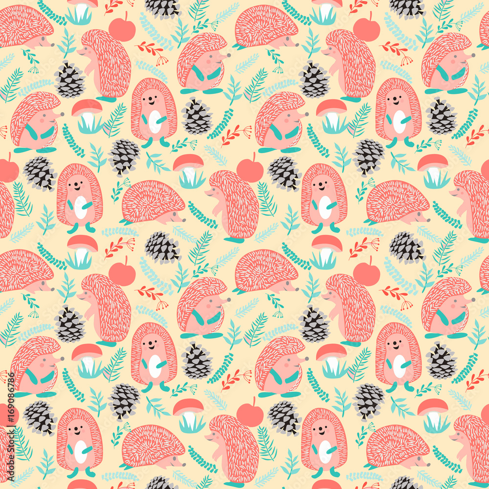 Cute background with Hedgehog forest set illustration Stock Vector ...