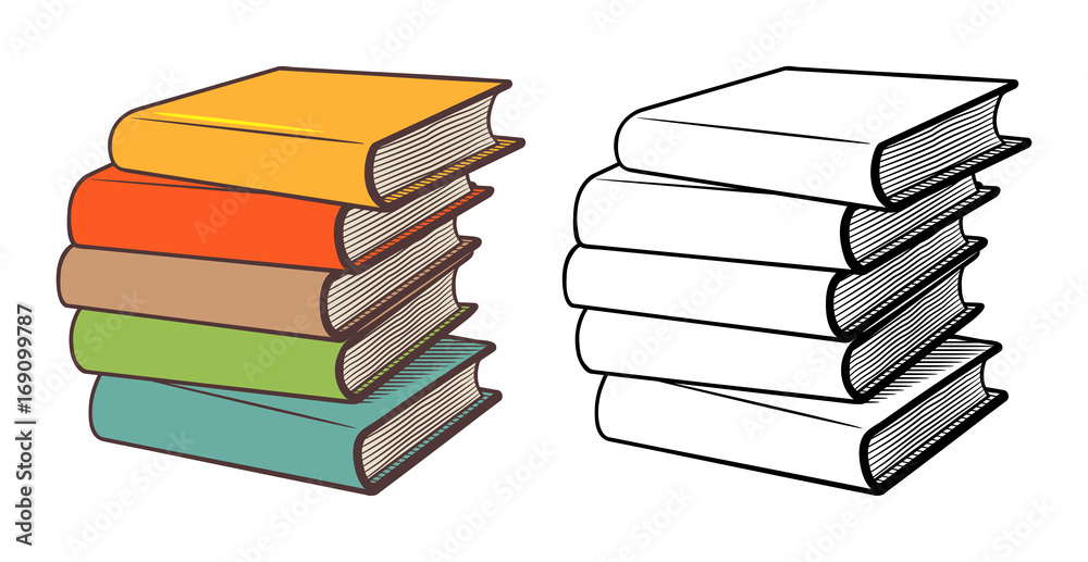 Stacks of books. Stylized vector illustration, outline and colored ...