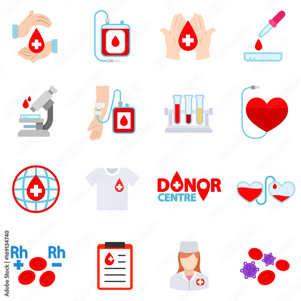Blood donation icon set. Voluntary blood donation. The procedure for ...