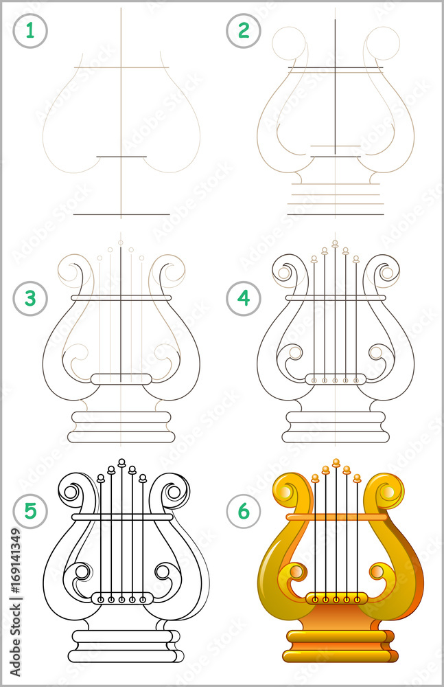 Page shows how to learn step by step to draw a lyre. Vector image ...