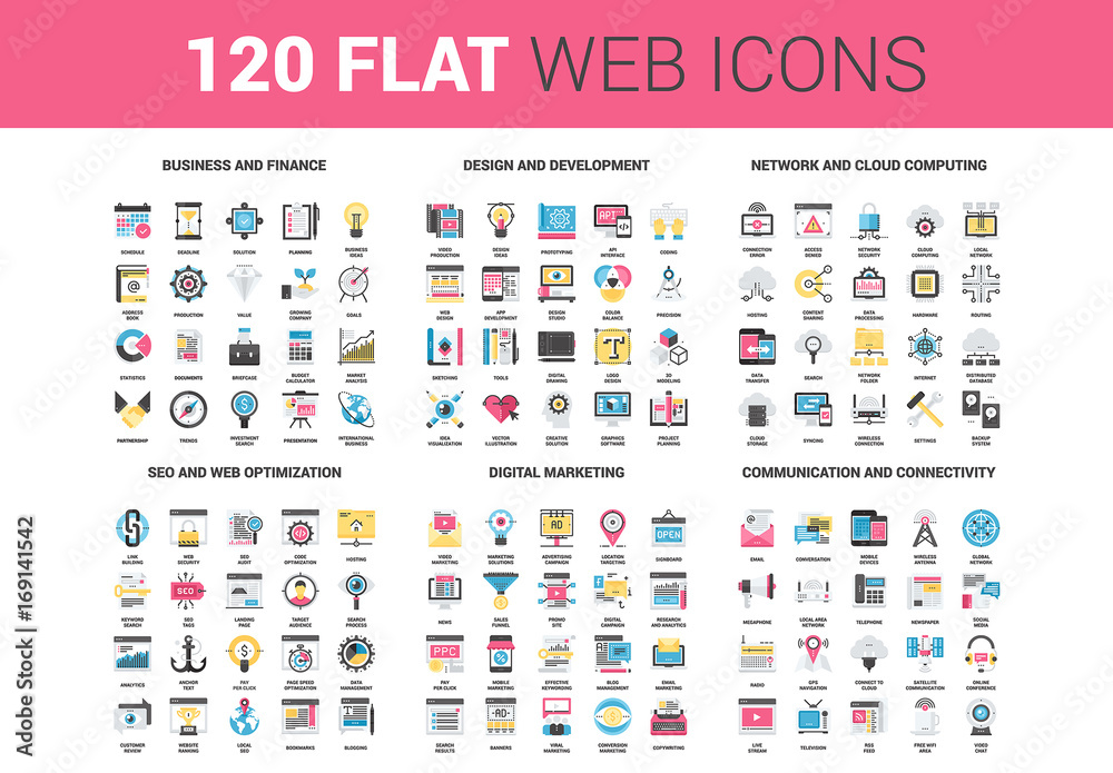120 Flat Web Color Icons 1 Stock Template | Adobe Stock