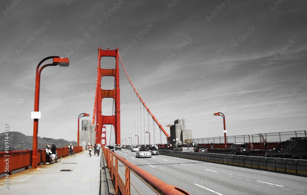 Golden gate bridge in black white and red, San Francisco, California ...