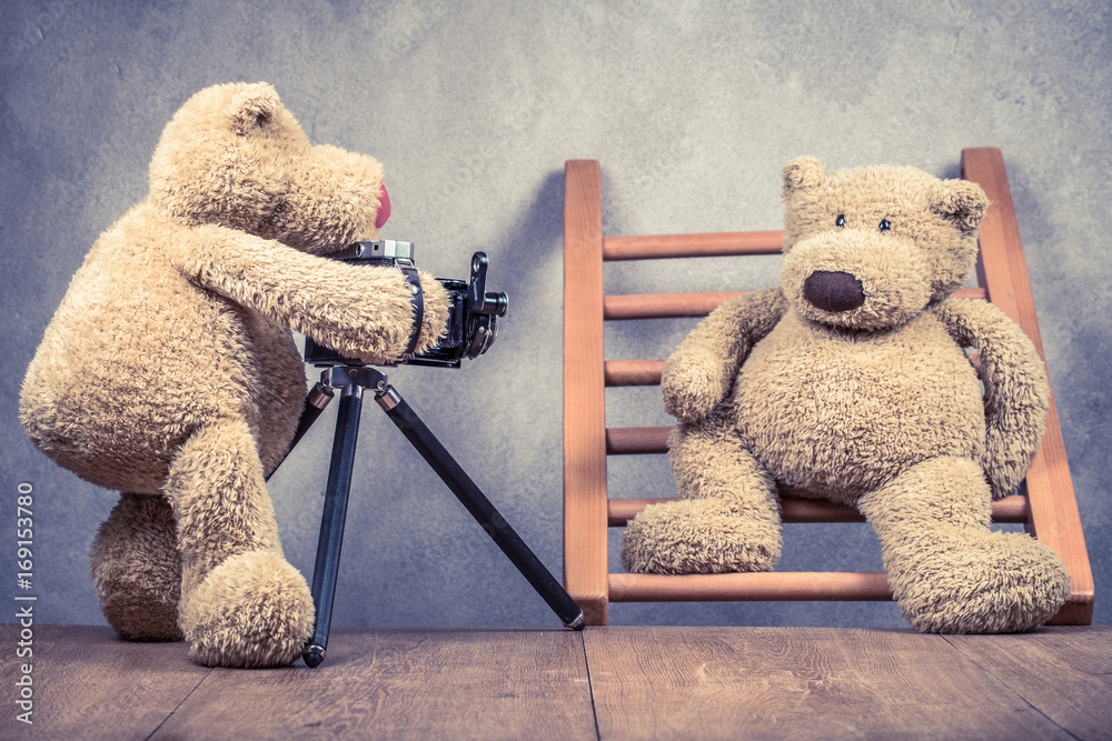 Teddy Bear toy photographer with old retro outdated film camera making ...