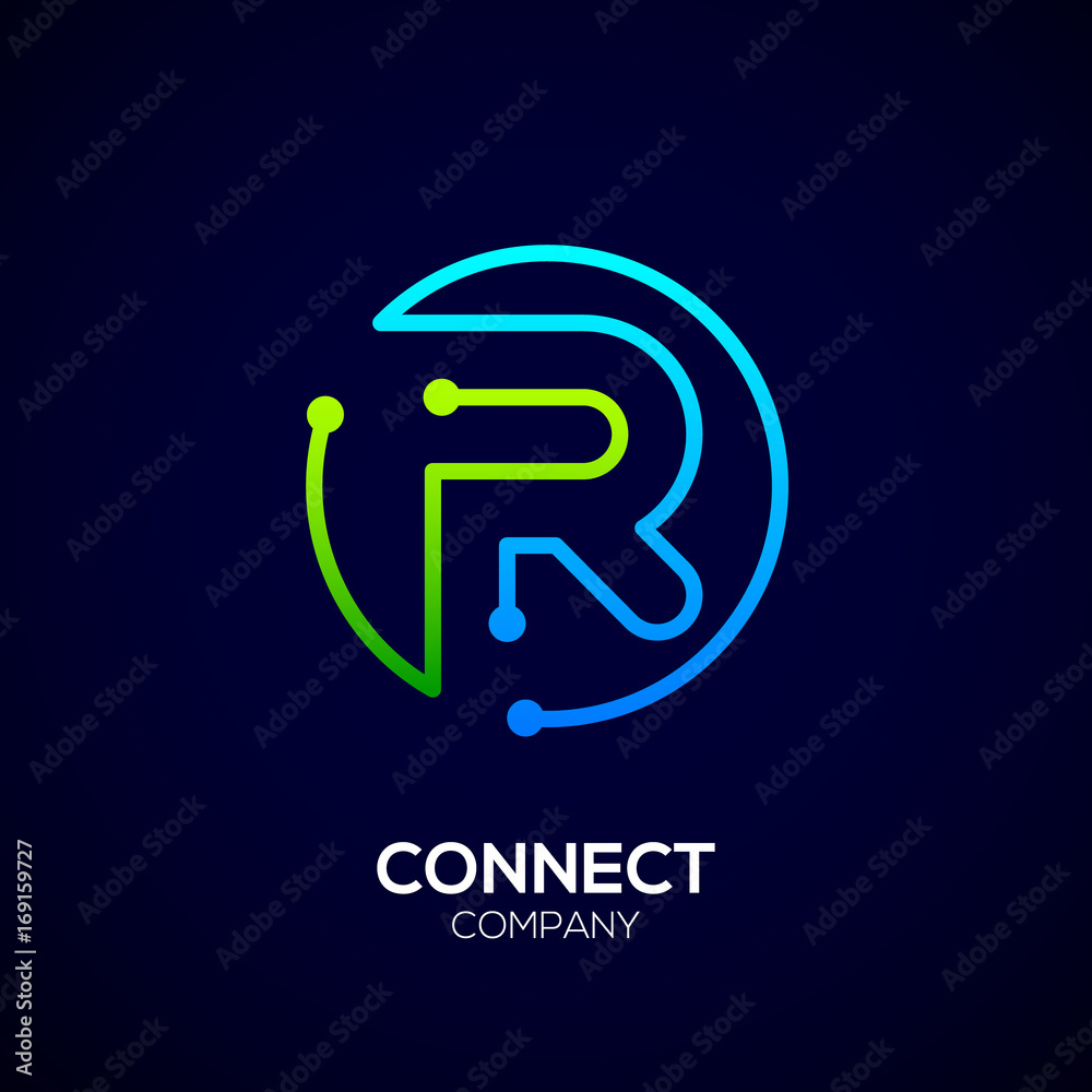 Letter R logo, Circle shape symbol, green and blue color, Technology ...