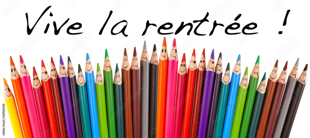 Vive la rentrée, crayons de couleurs malicieux sur fond blanc Stock 写真 ...