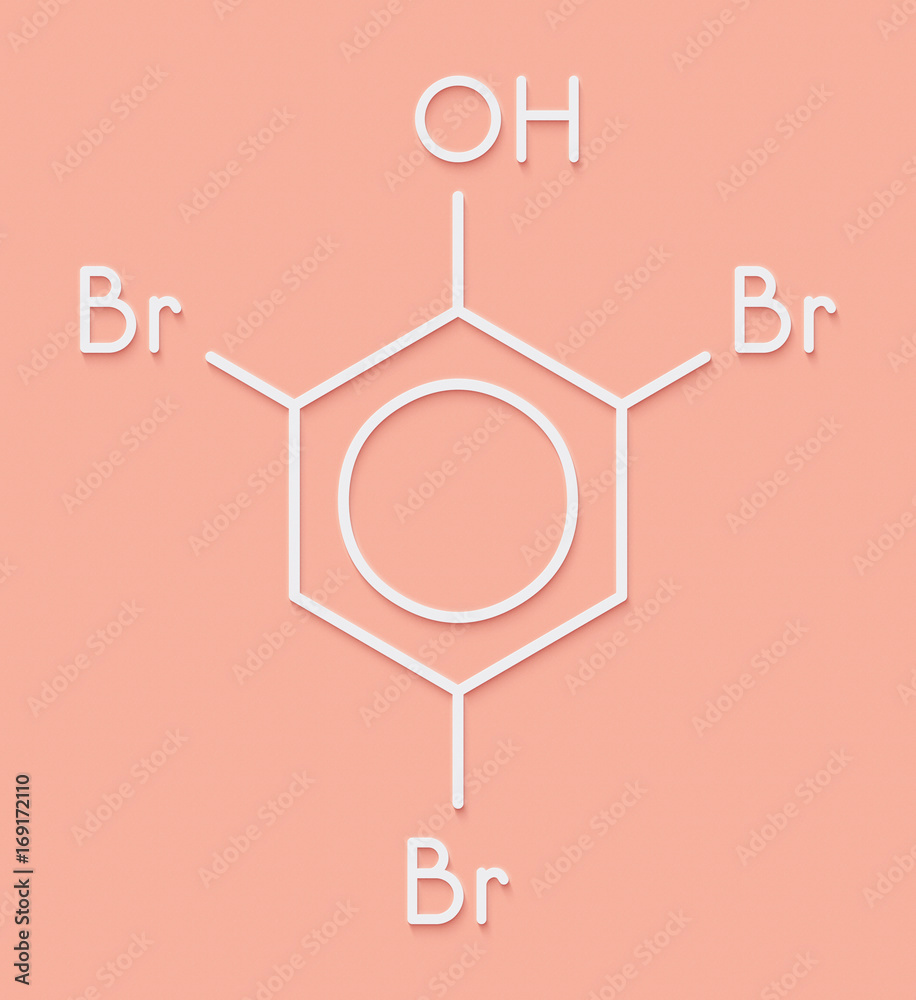 Tribromophenol (TBP, 2,4,6-Tribromophenol) molecule. Used as fungicide ...