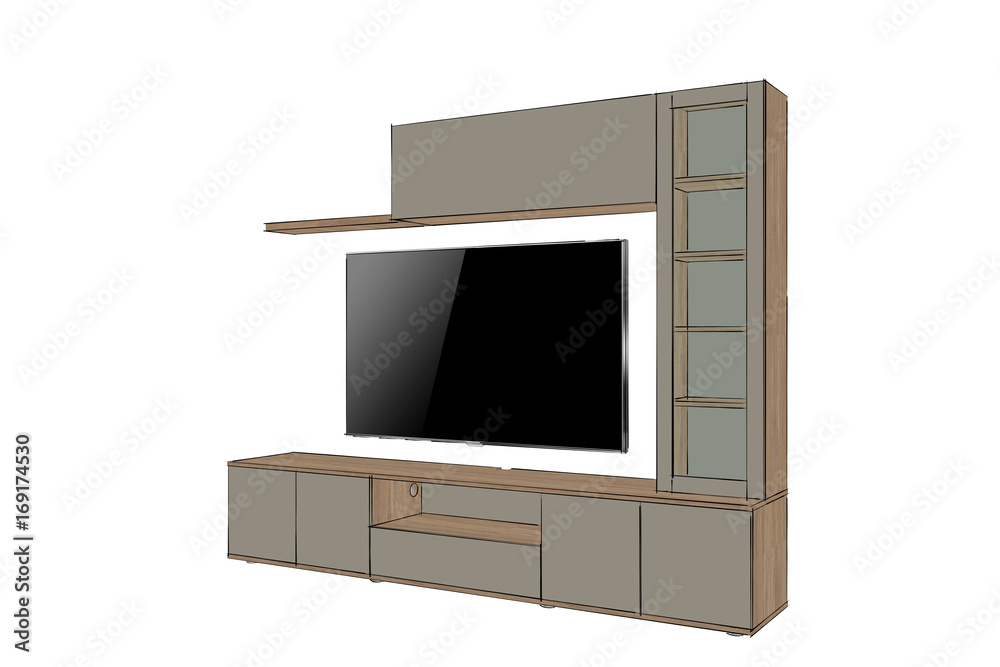3D rendering. TV stand and entertainment center with appliances and ...