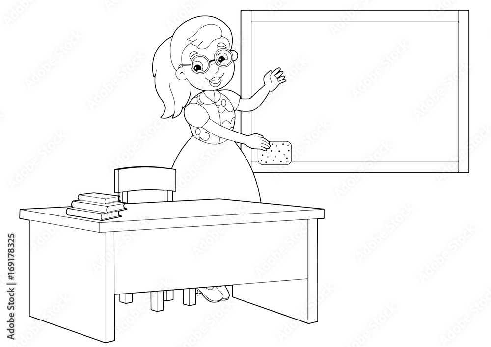 cartoon scene with teacher in the classroom holding hands up vector ...