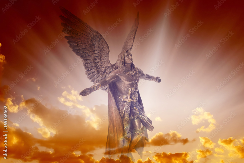 Angel archangel Michael over divine sky with rays of light Stock ...