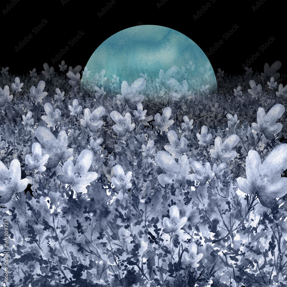 Watercolor painting. Night flowers on a glade against the backdrop of ...