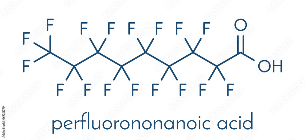 Perfluorononanoic acid (PFNA, perfluorononanoate) surfactant molecule ...