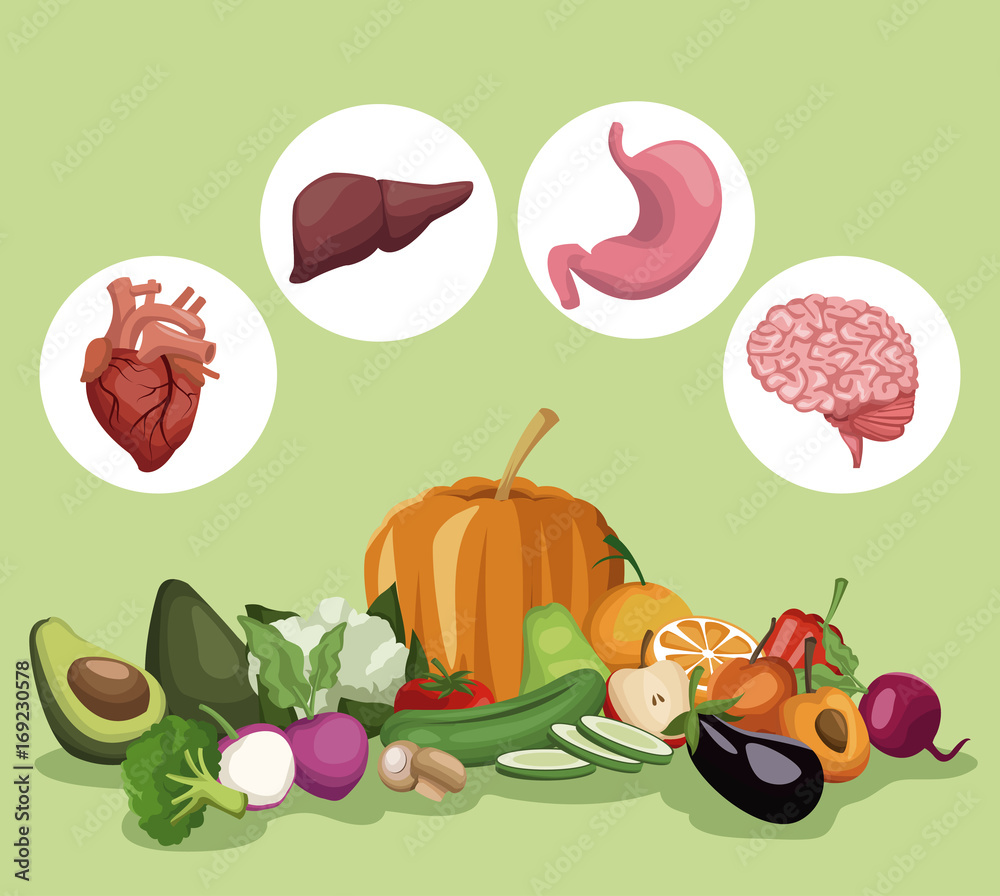 color background with vegetables and fruits healthy food set and ...