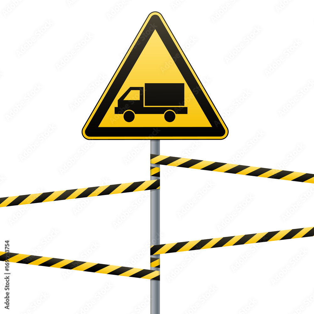 Caution - danger Warning sign safety. Beware of the Car. A yellow ...