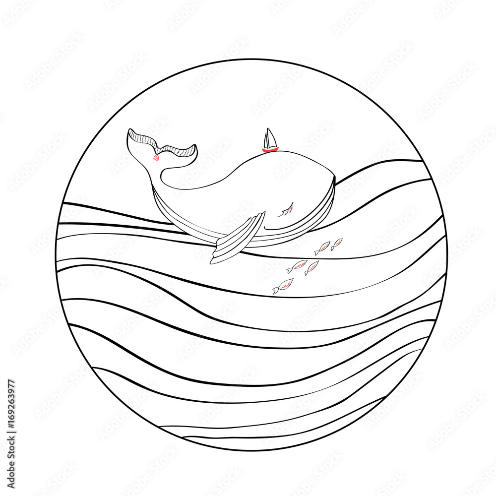 Cartoon graphic line art whale swimming on decorative waves, vector ...