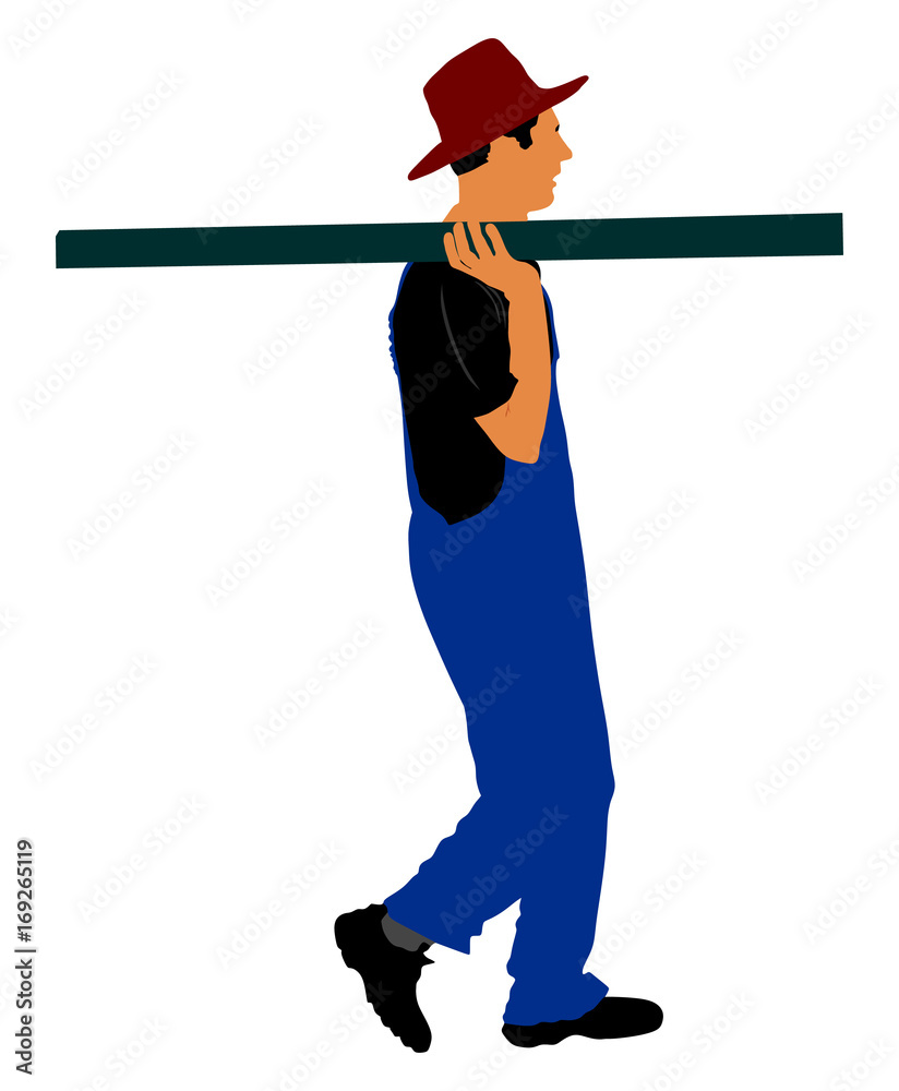 Worker carries a beam on his shoulder vector illustration. Construction ...