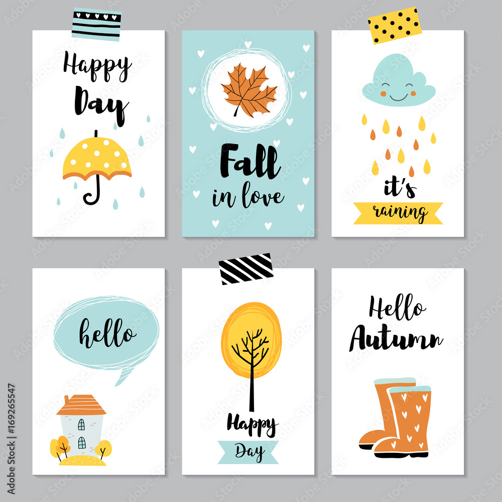 Cute Autumn cards, posters, flyer templates , stickers design set. Hand ...