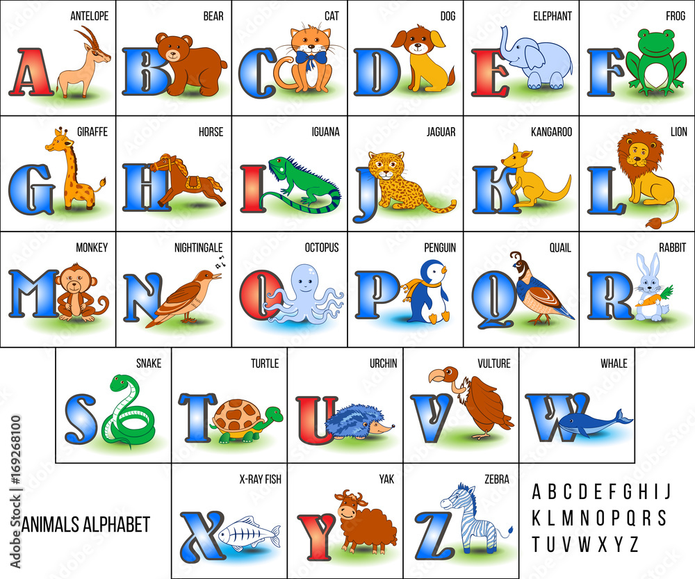Cute Zoo alphabet with cartoon animals from A to Z vector illustration ...