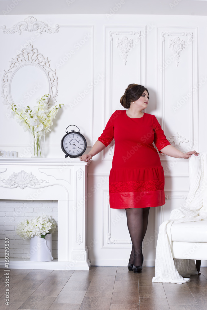 Plus size model, fat woman in red evening dress Stock Photo | Adobe Stock