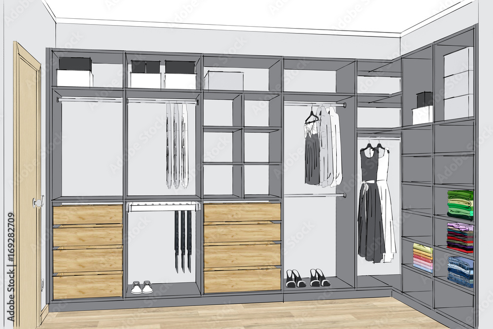 3D rendering. Modern large, comfortable wardrobe with folded and ...